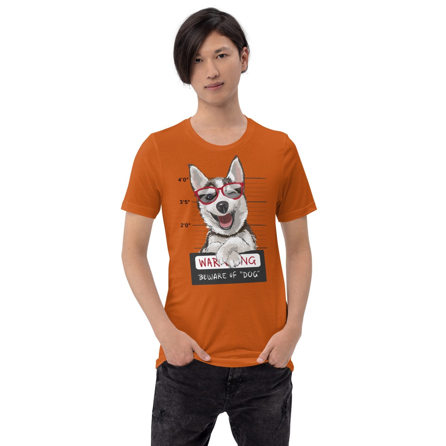 Funny Husky Mugshot T-Shirt - "Beware Of Dog" Sarcastic Pet Gift